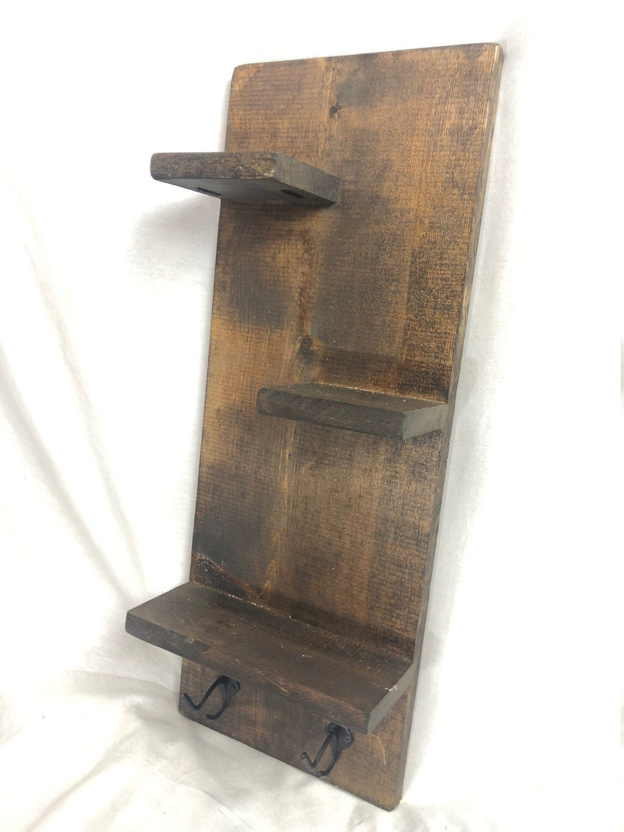 Rustic Wooden Shelf with Hooks